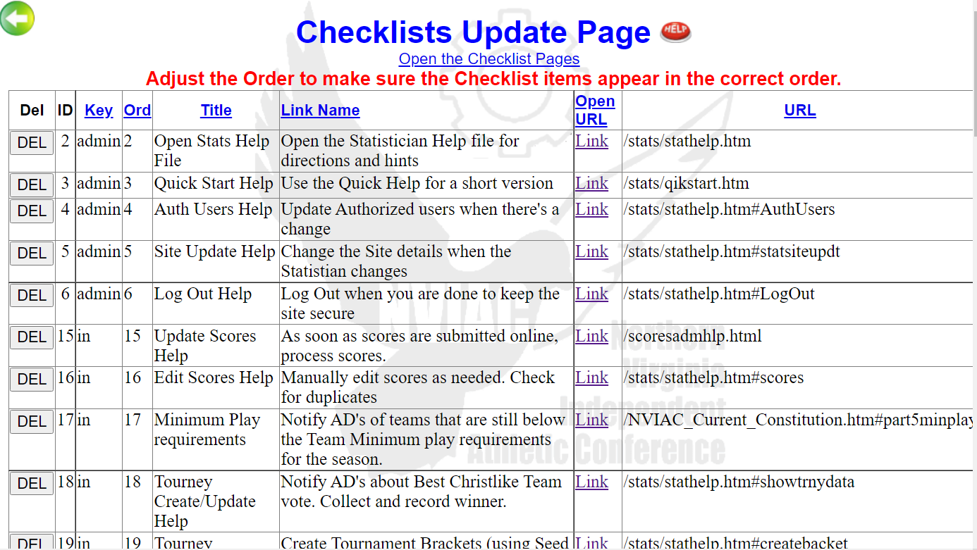 Online Sports Statistics System - Checklist Update Help